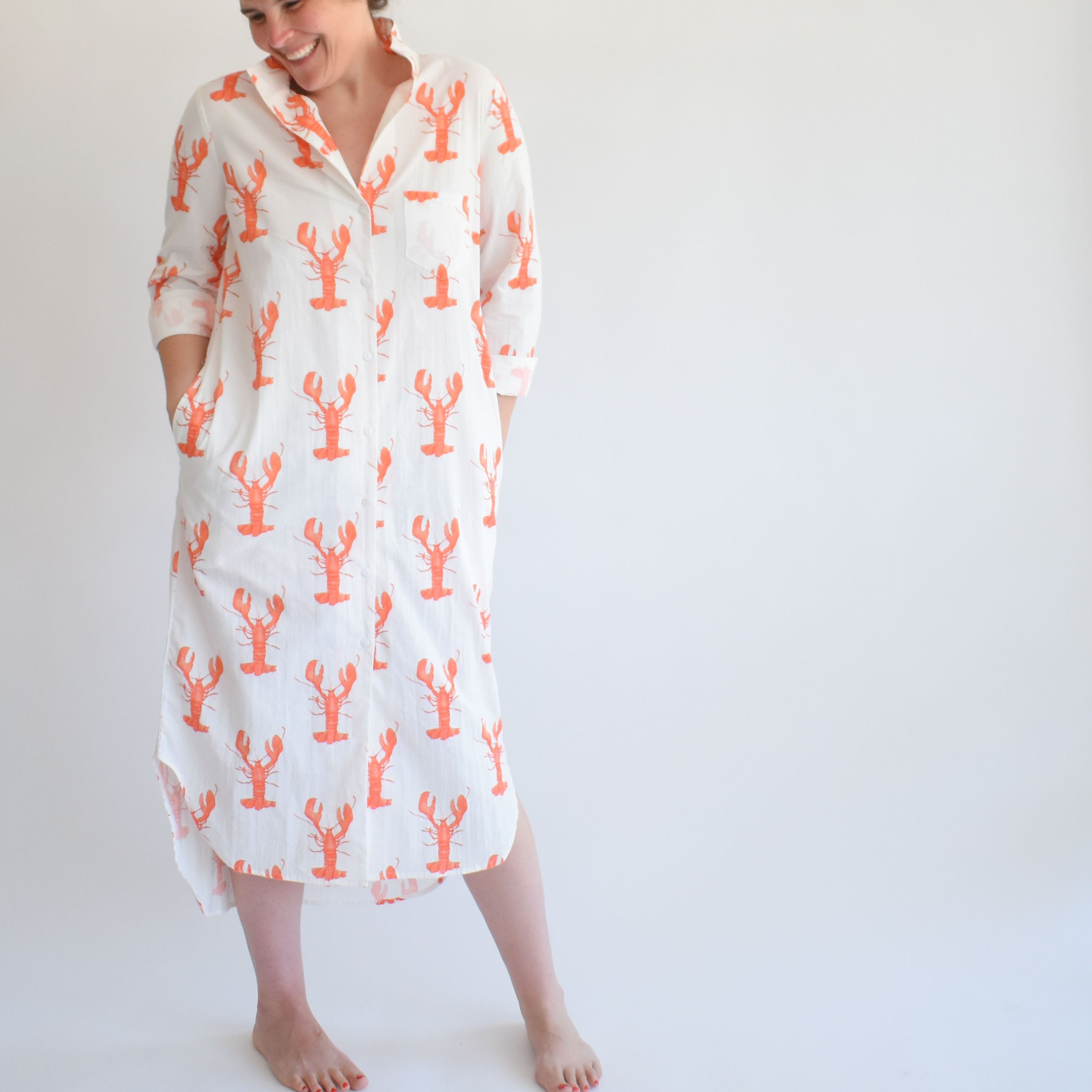 Sara Fitz Classic Shirt Dress Lobster Print