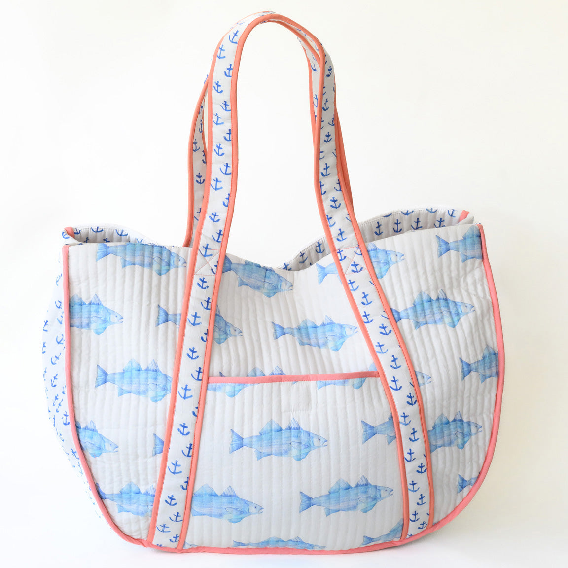 Sara Fitz Expandable Tote Blue Fish 100 Cotton Bag
